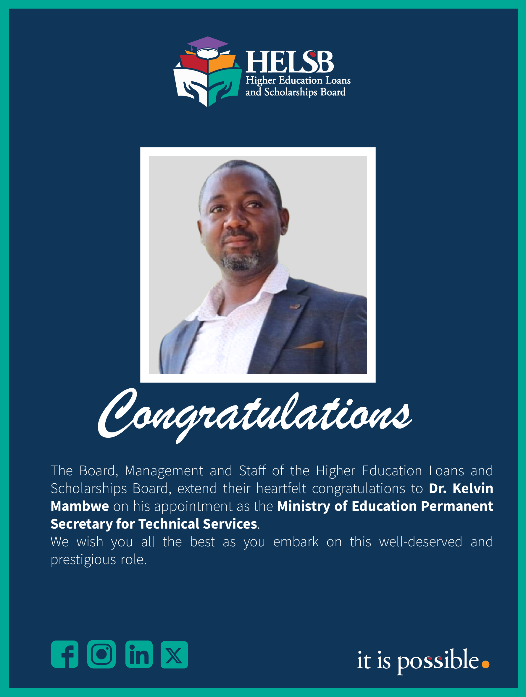 Congratulations Dr. Kelvin Mambwe - Higher Education Loans & Scholarship Board (HELSB)